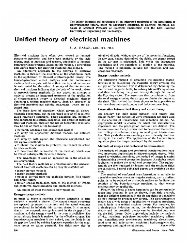 Unified Theory of Electrical Machines | PDF | Maxwell's Equations ...