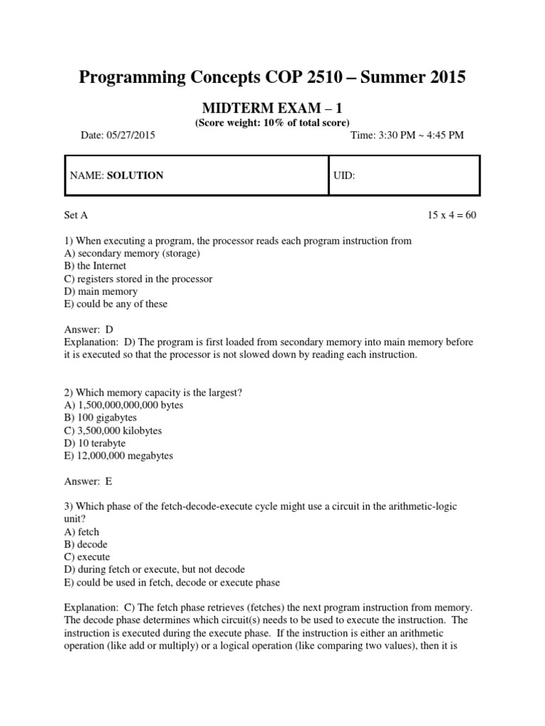 Exam 1 Solutions | PDF | C (Programming Language) | Instruction Set