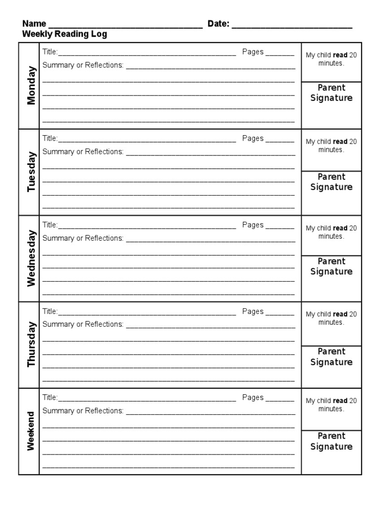 Weekly Reading Log for Kids | PDF