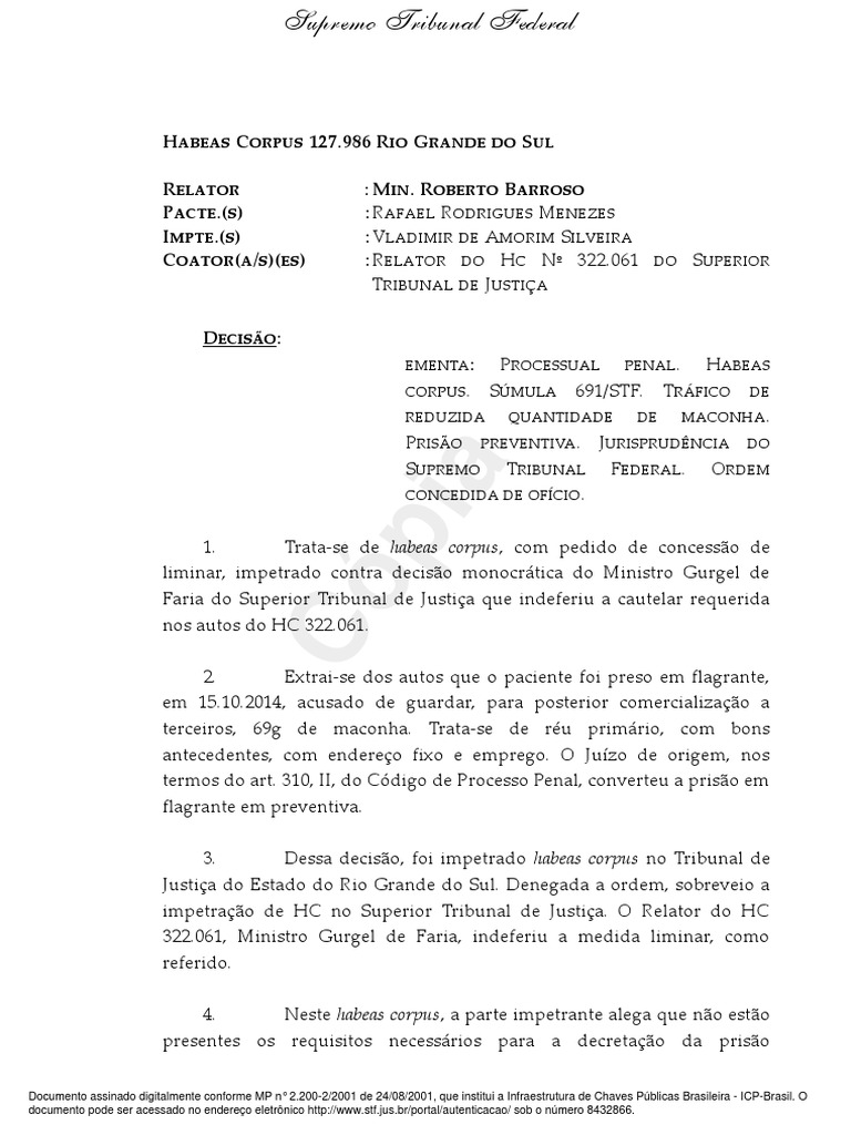 Hc 127986 Revogação De Prisão Preventiva Pdf Habeas Corpus