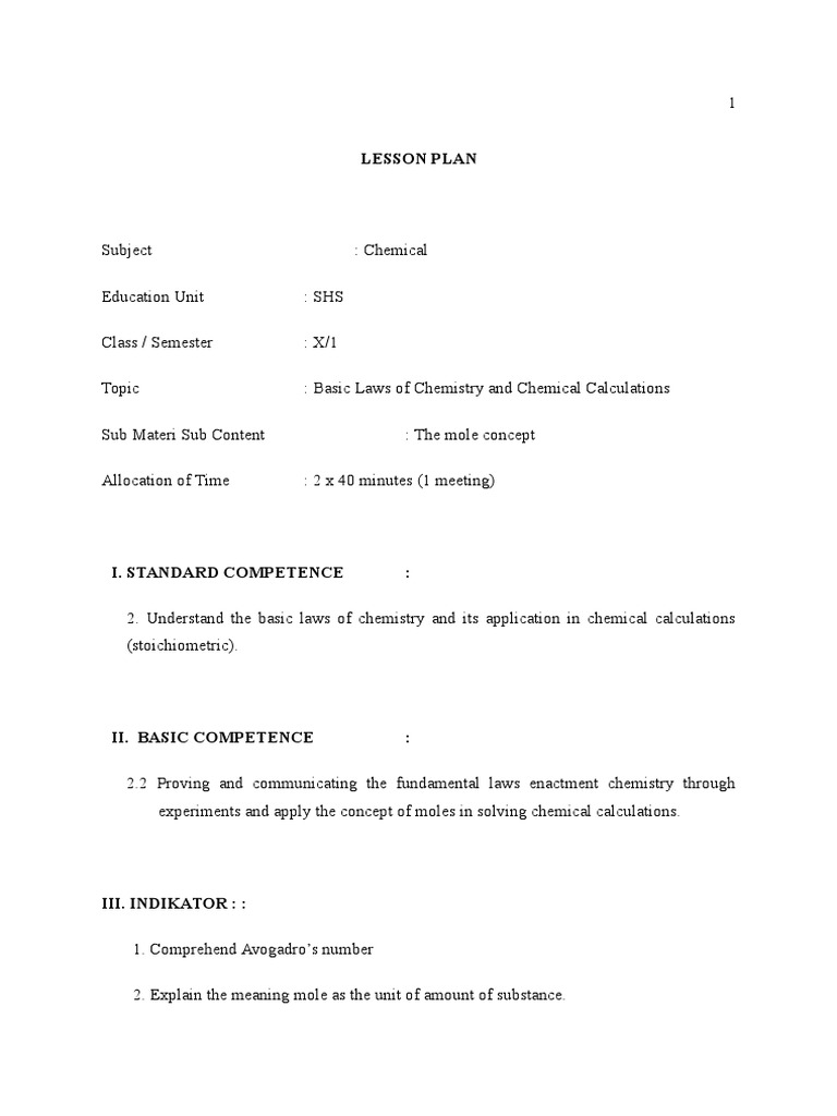 Lesson Plan of Concept Mole | PDF | Mole (Unit) | Gases