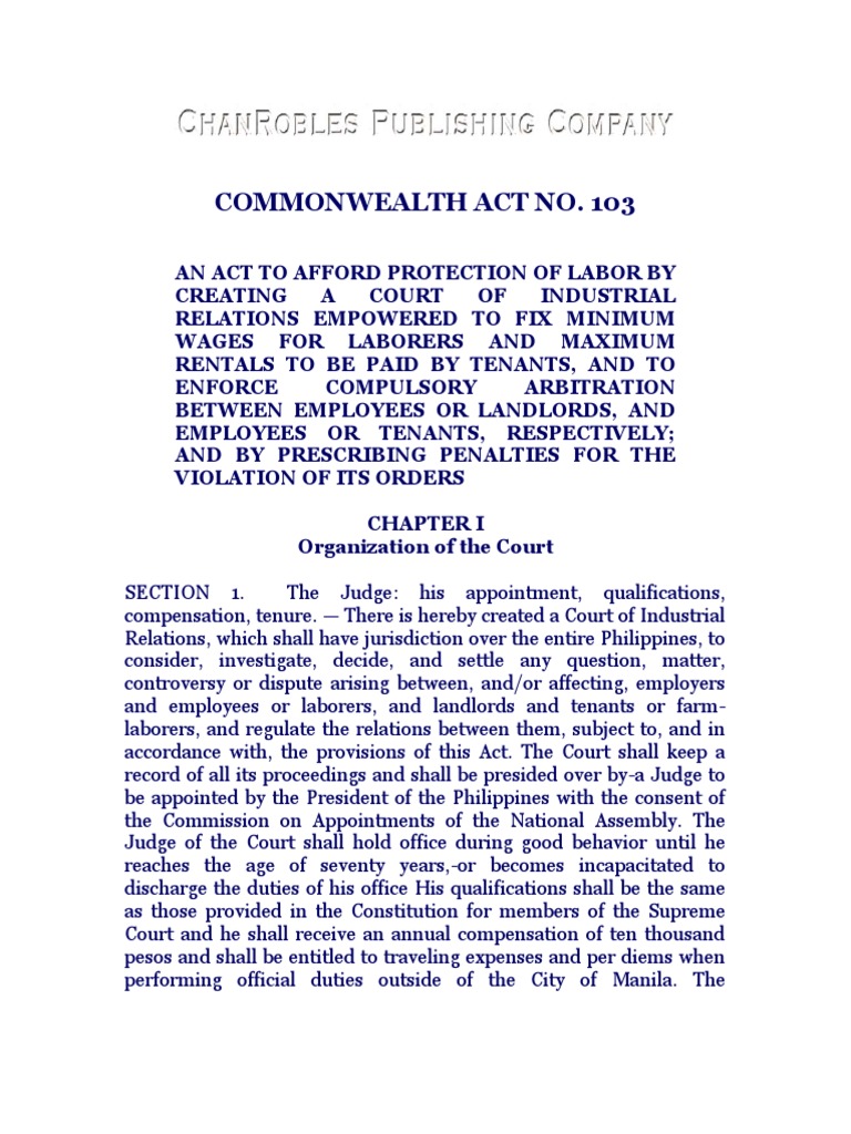 Commonwealth Act No. 103, October 29, 1936 | PDF | Employment ...