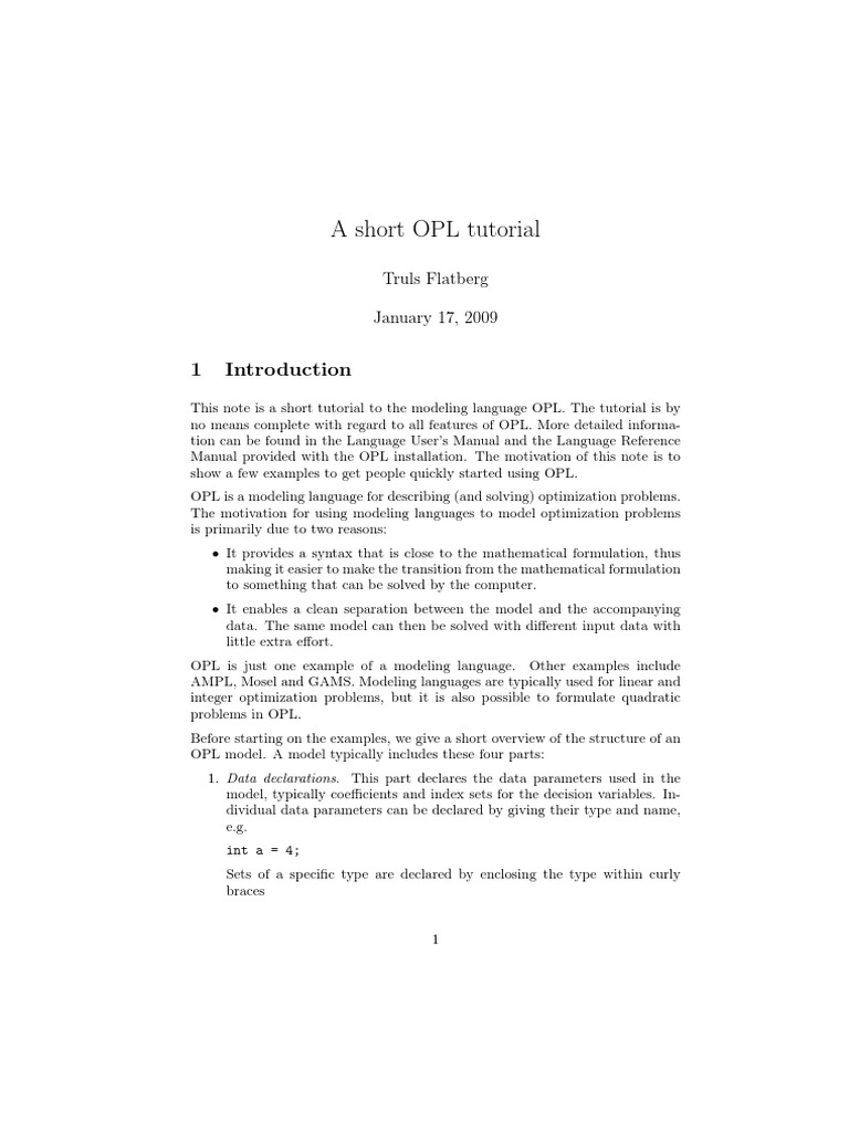 Opl Tutorial | PDF | Mathematical Optimization | Linear Programming