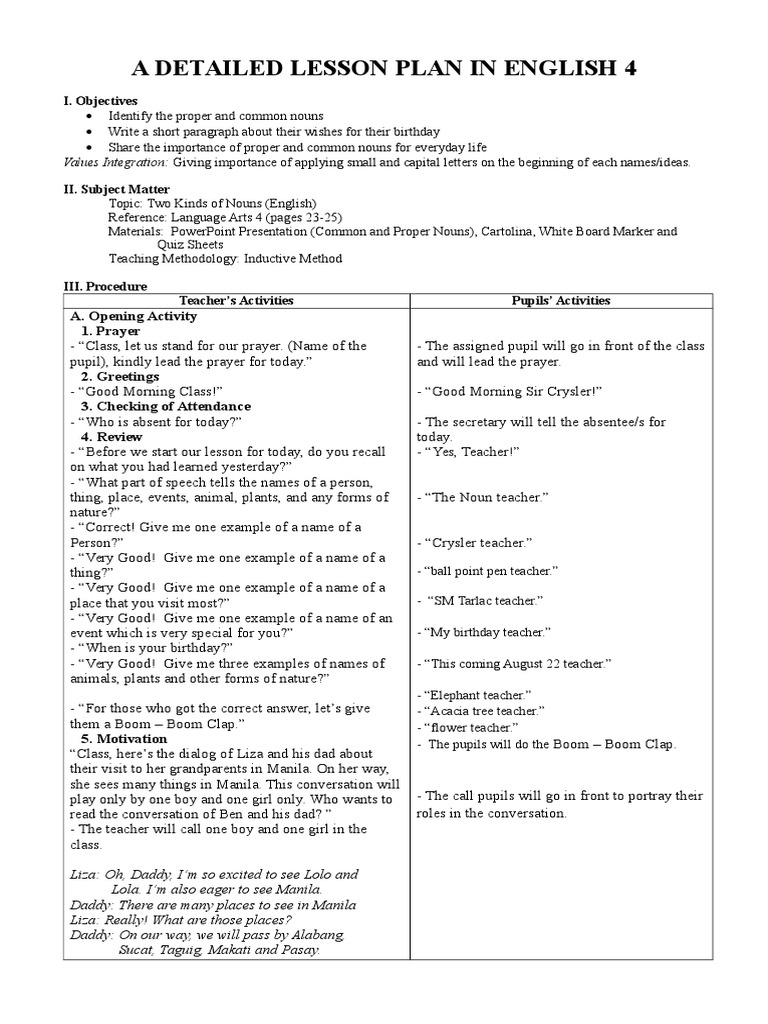 A Detailed Lesson Plan in English 4 | PDF | Lesson Plan | Noun