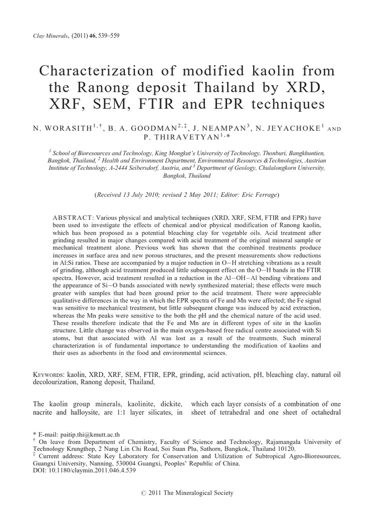 Characterization of Modified Kaolin From The Ranong Deposit Thailand by XRD, XRF, SEM, FTIR and ...