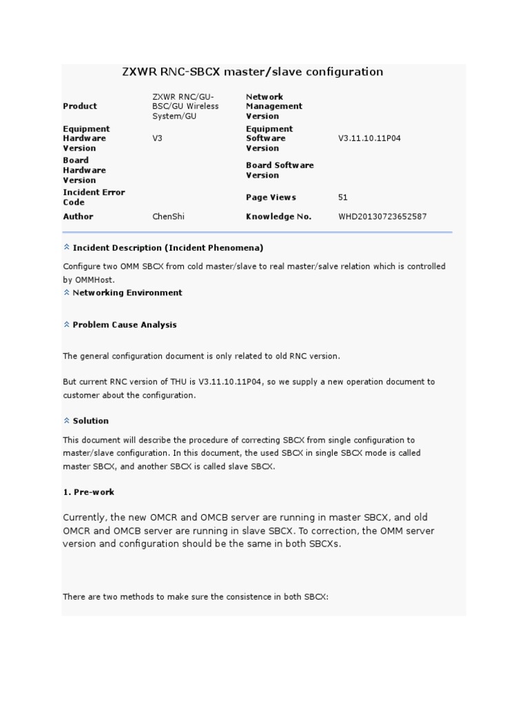 ZXWR RNC-SBCX Master Slave Configuration | PDF | Oracle Database | Zip (File Format)