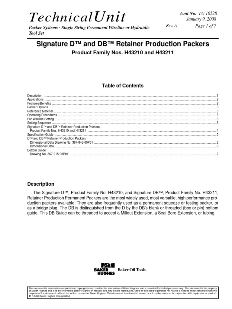 Baker D and DB Retainer Production Packers H43210 | Mechanical ...