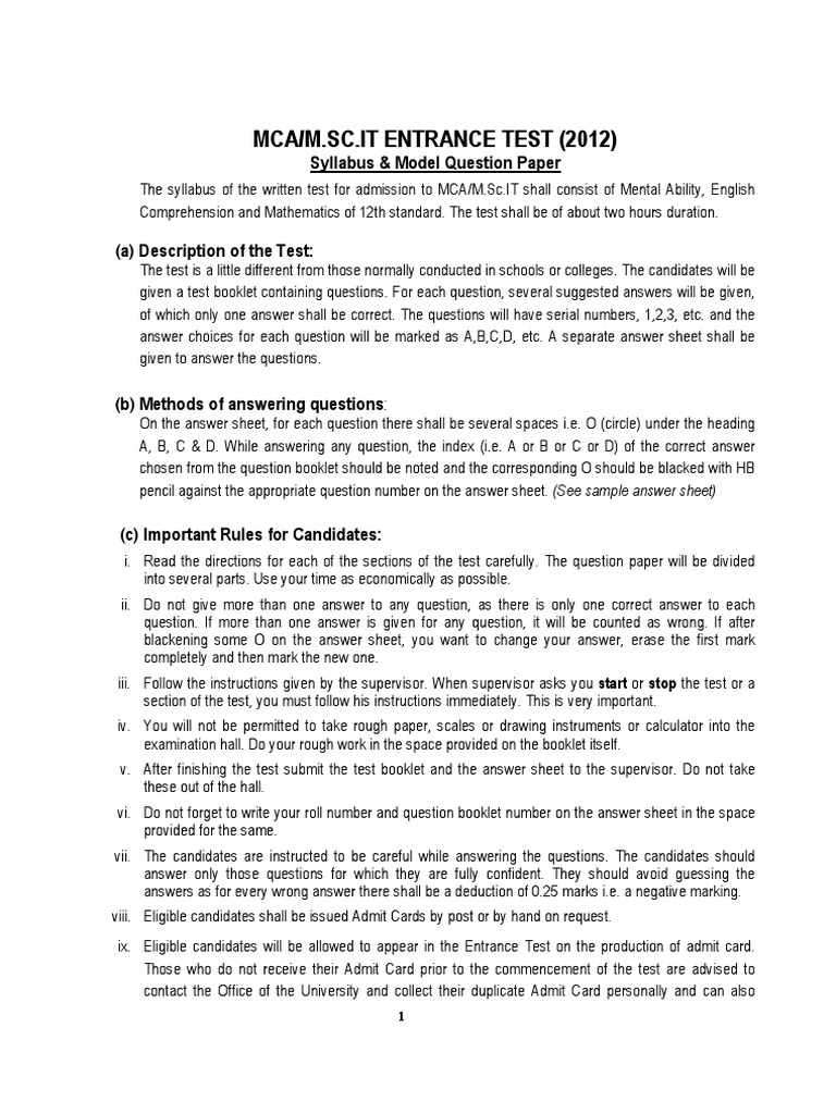 Mca/M.Sc - It Entrance Test (2012) : Syllabus & Model Question Paper ...