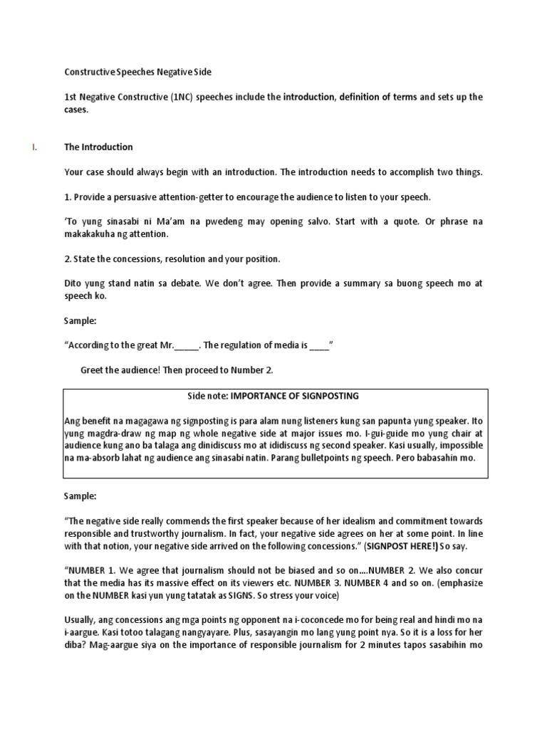 Constructive Speeches Negative Side | PDF