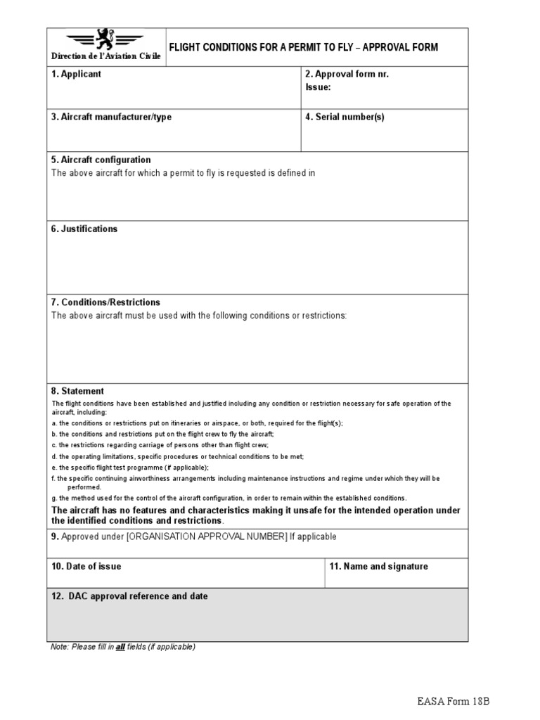 Flight Conditions For A Permit To Fly - Approval Form | PDF | Aircraft ...