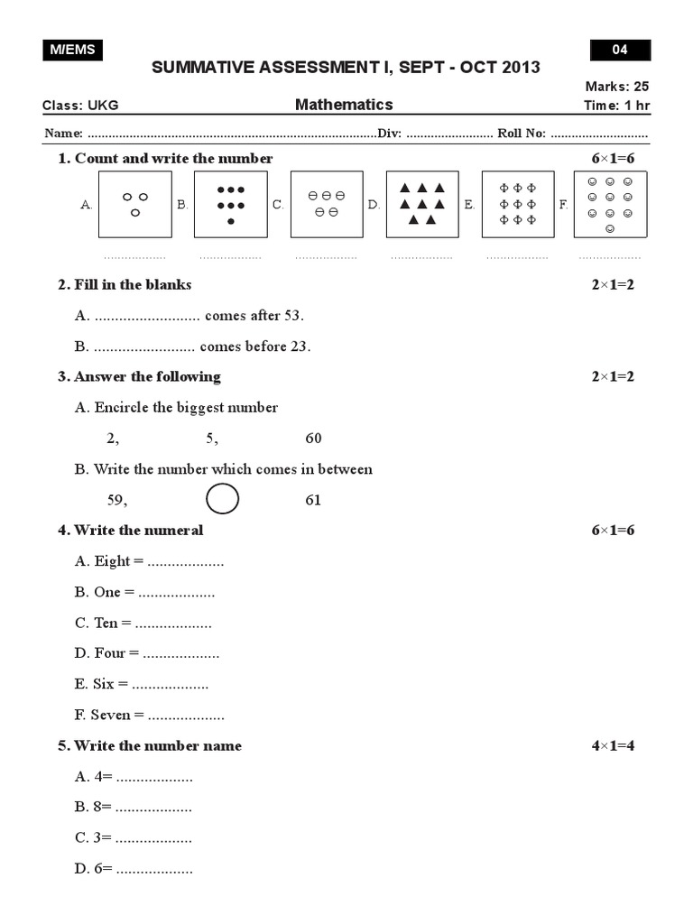 UKG Maths Question - 1 | PDF | Career & Growth | Home & Garden