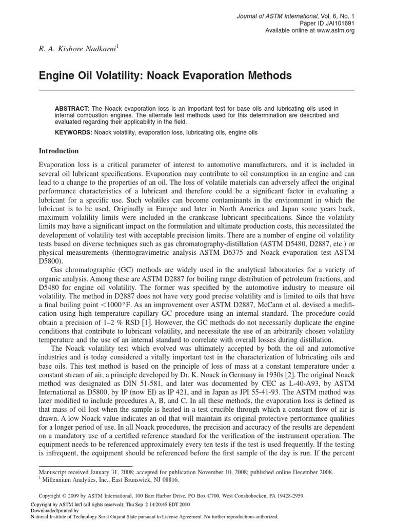 Engine Oil Volatility Noack Evaporation Method | PDF | Motor Oil ...