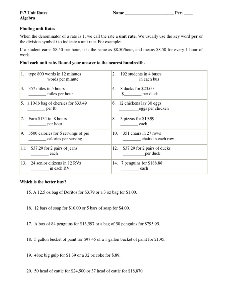Unit Rate Worksheet | PDF