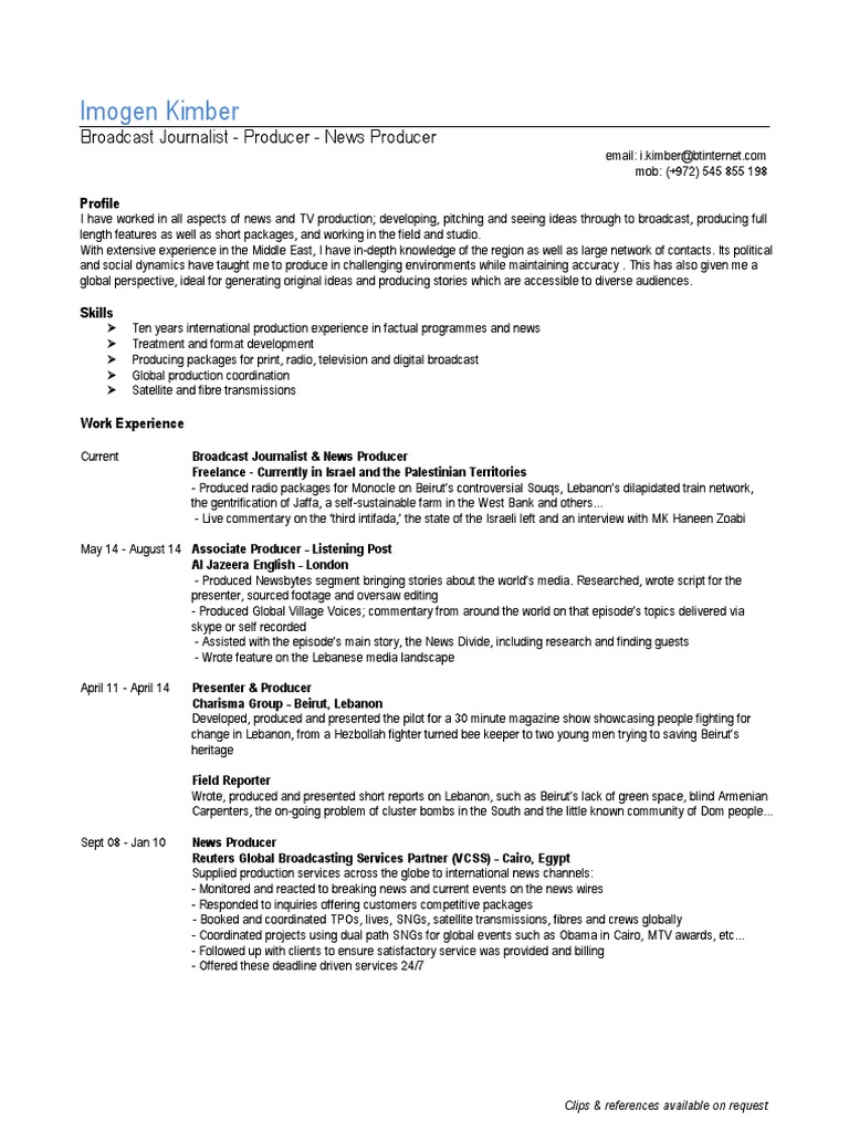 Broadcast Journalist & Producer Profile | PDF | News | Mass Media
