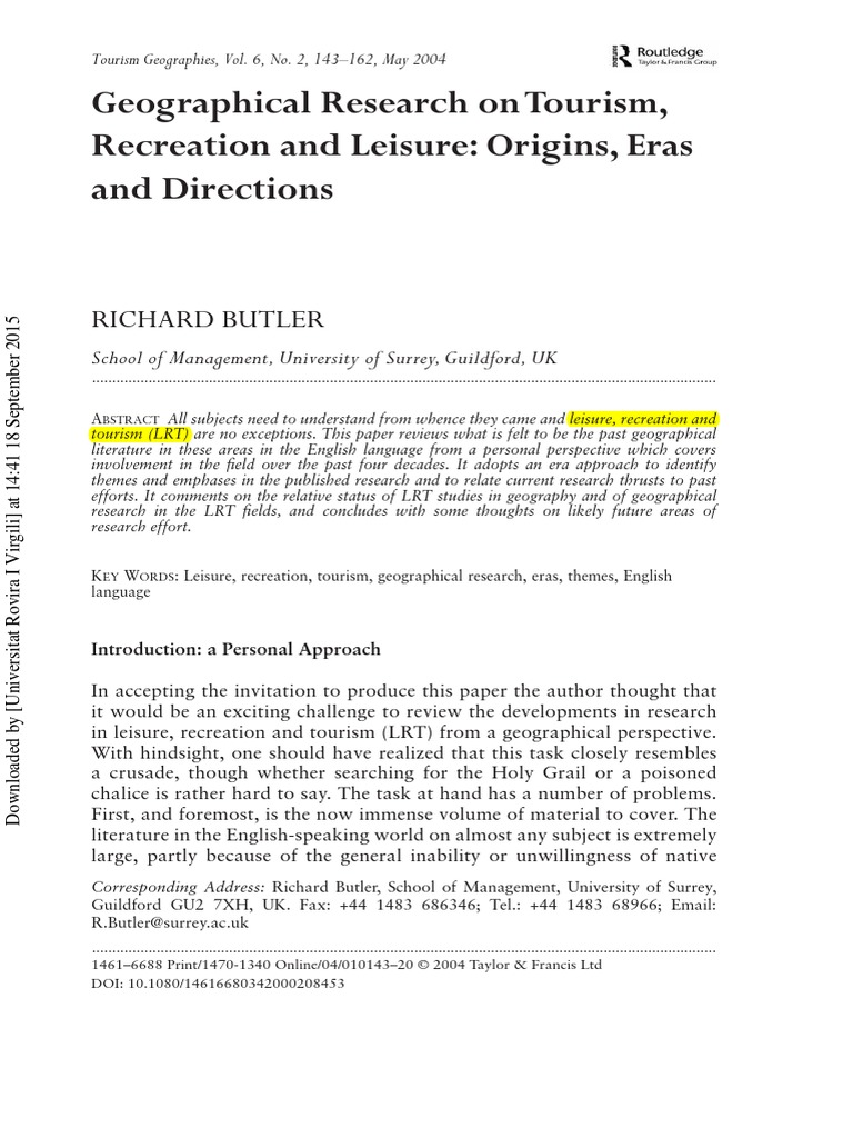 Geographical Research On Tourism, Recreation and Leisure: Origins, Eras ...