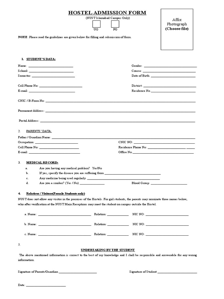 NUST Hostel Admission Form | PDF | Government | Business