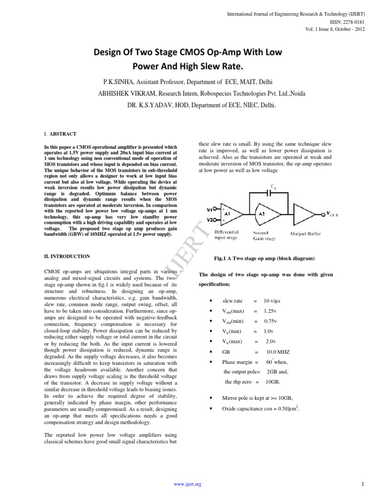 Design of Two Stage CMOS Op-Amp With Low Power and High Slew Rate | PDF | Operational Amplifier ...
