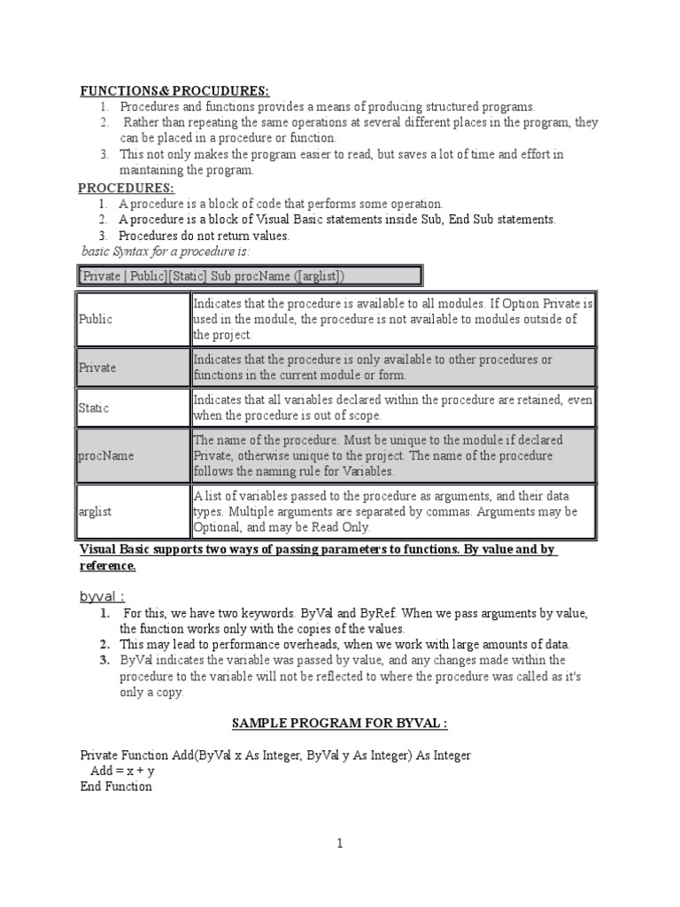 Functions& Procudures:: Procedures | PDF | Subroutine | Visual Basic .Net