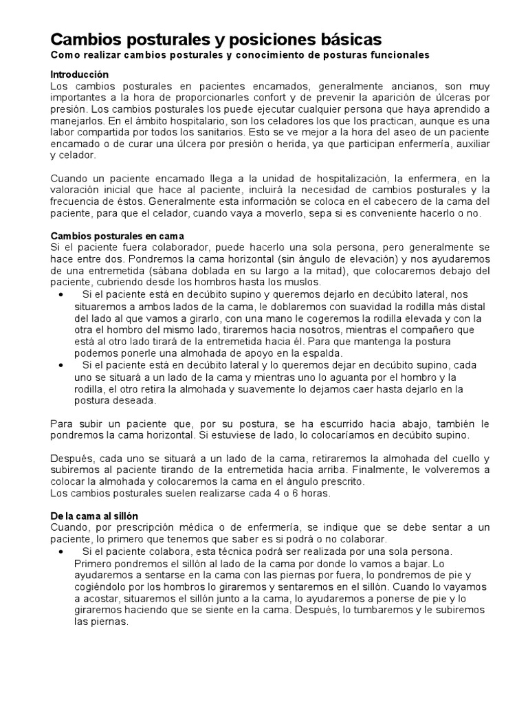 Cambios Posturales y Posiciones Básicas | PDF | Rodilla | Enfermería