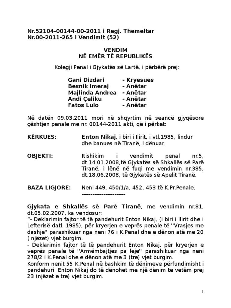 Vendimi I Gjykates Per Enton Nikaj | PDF