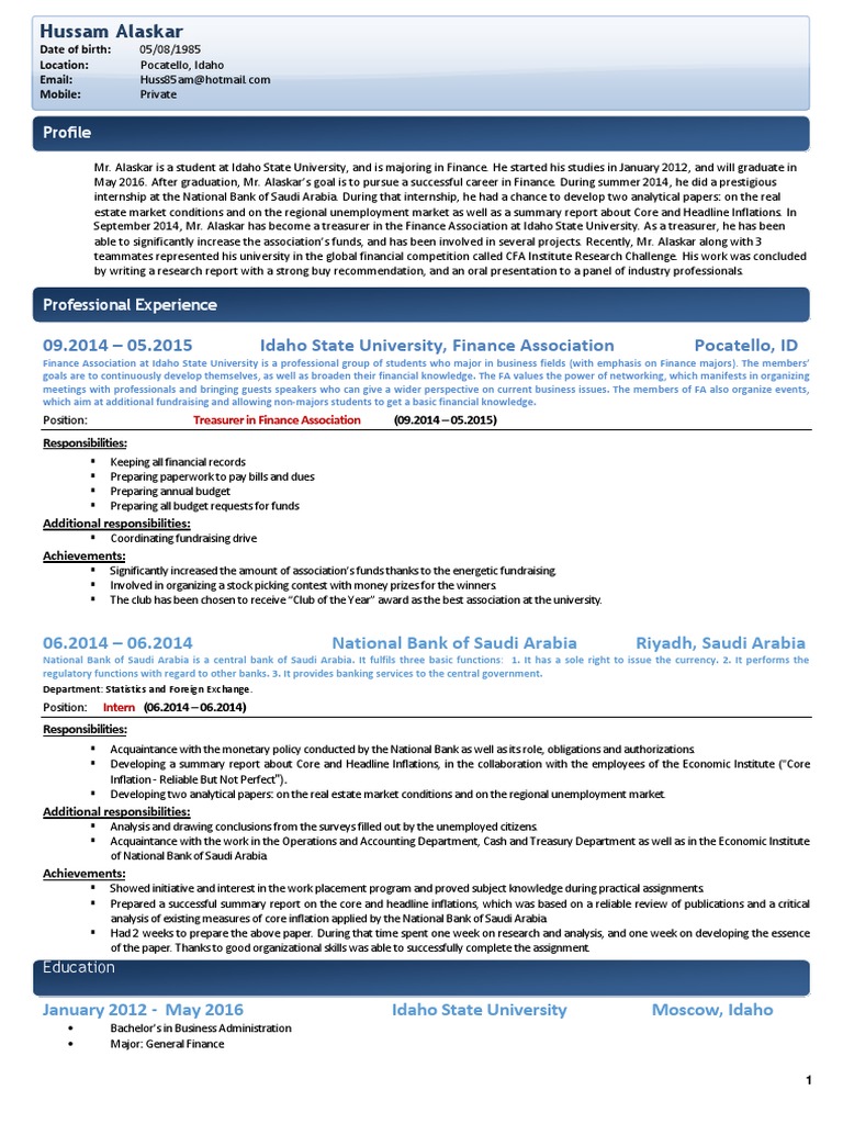 Hussam Alaskar Resume | PDF | Banks | Money
