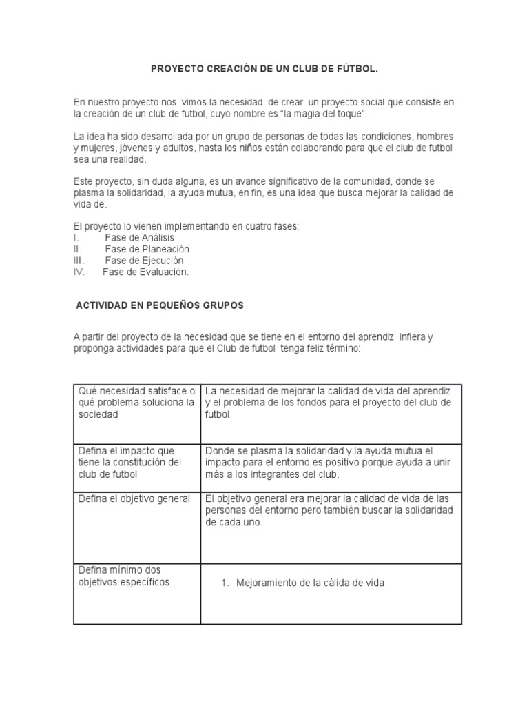 Proyecto Creación de Un Club de Fútbol - Sena | PDF | Planificación ...