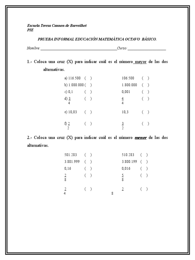 Prueba Matematica Octavo Básico