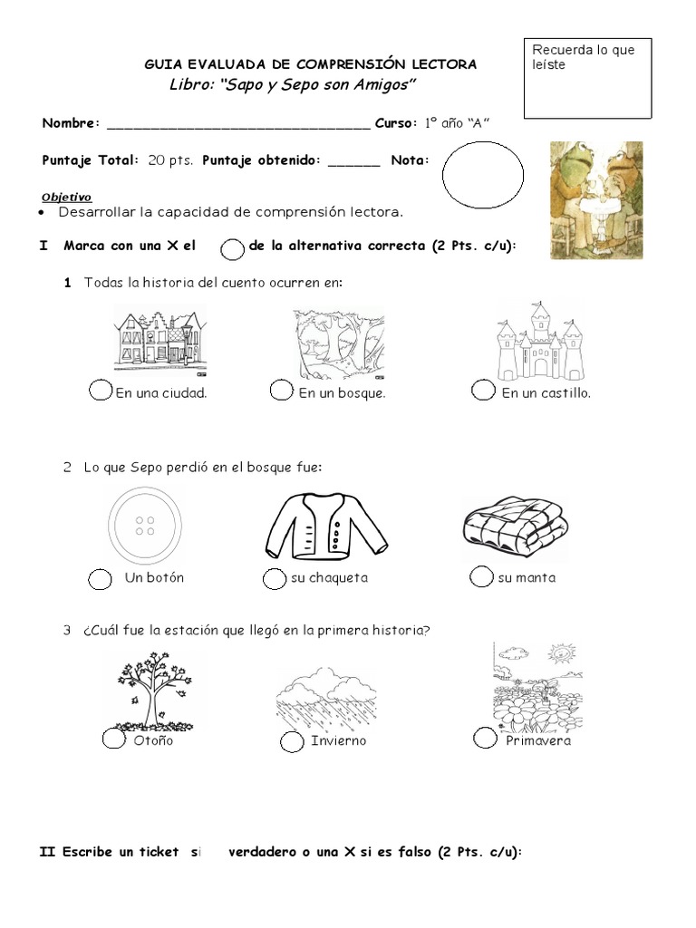 Guia Evaluada de Comprensión Lectora Sapo y Sepo Son Amigos | PDF