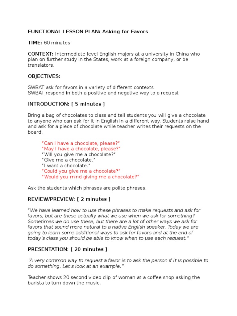 Functional Lesson Plan - Favors | PDF | Lesson Plan | English Language