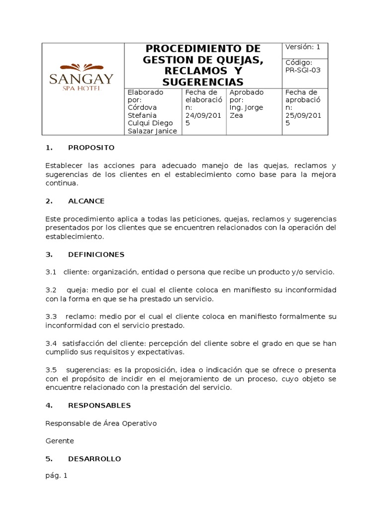 Procedimiento de Gestion de Quejas Reclamos y Sugerencias Va1 | Hotel ...