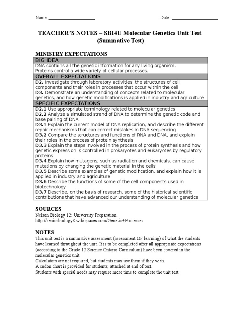 Molecular Genetics Test | PDF | Dna | Genetics