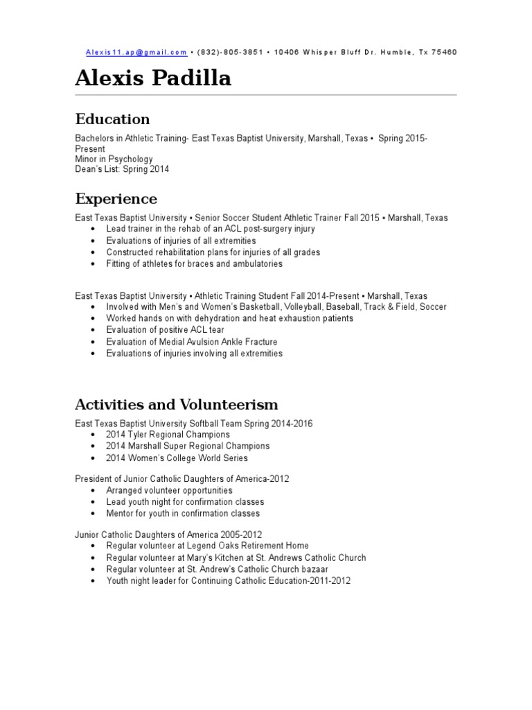 Athletic Training Resume: Alexis Padilla | PDF