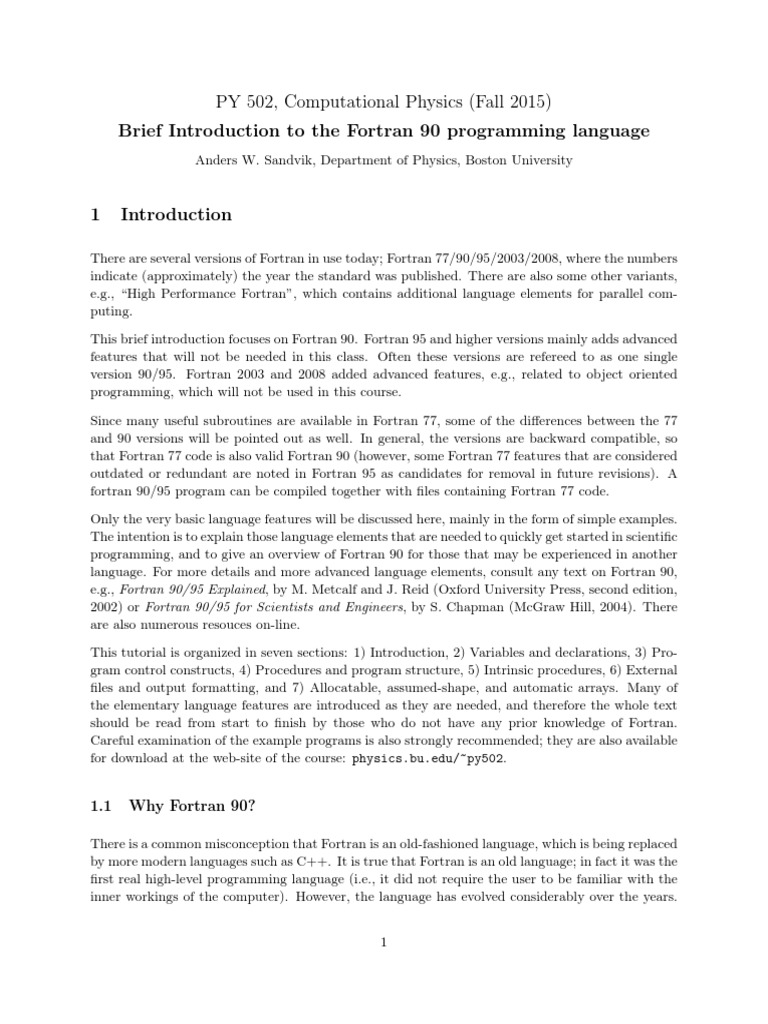 Brief Introduction To The Fortran 90 Programming Language Pdf Subroutine Parameter