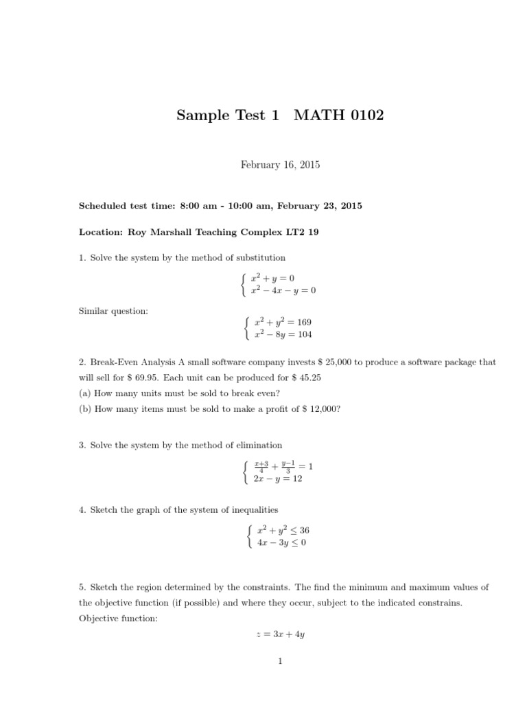 UWI Preliminary Mathematics II - Sample Test 1 | PDF