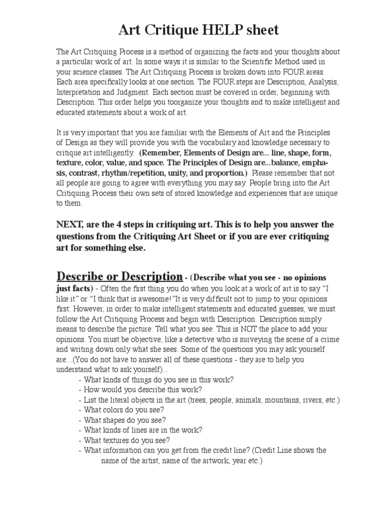 Art Critique Help Sheet | PDF | Scientific Method | Shape