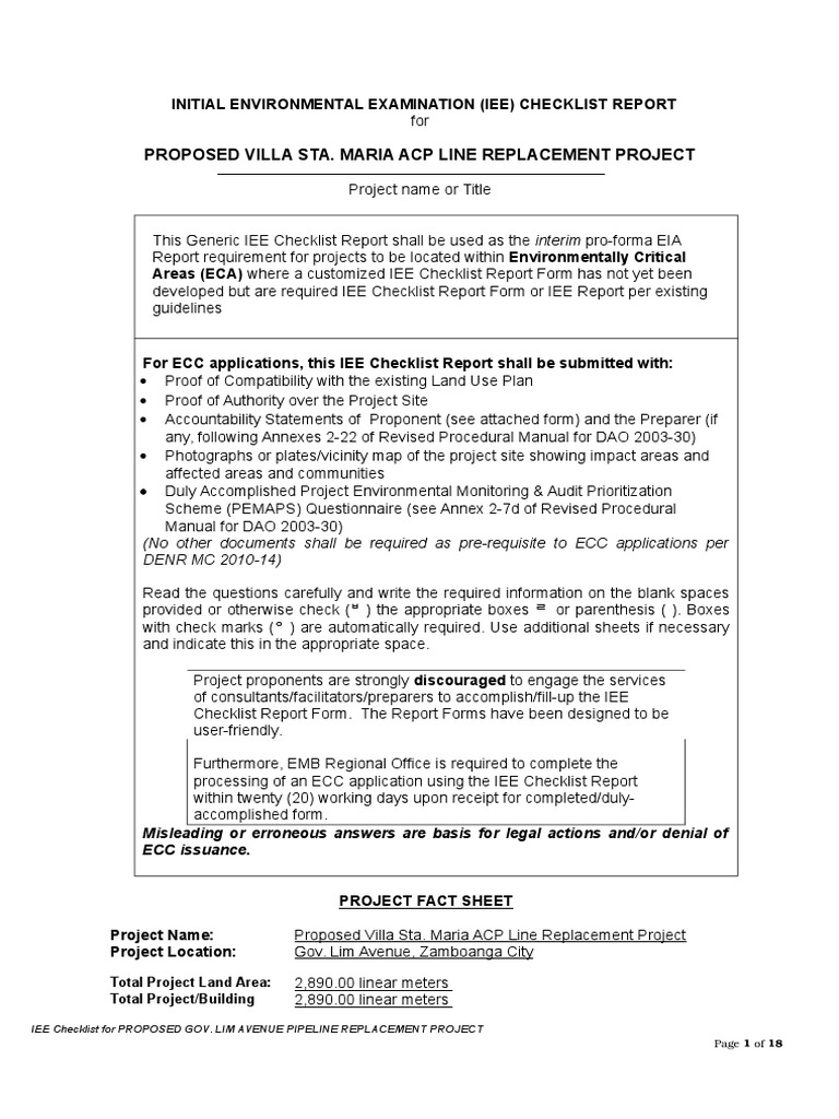 IEE Checklist for Water System Project (distribution only) | Flood ...