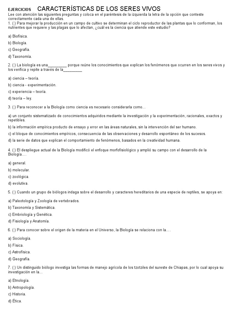 Ejercicios sobre características de seres vivos | PDF | Organismos ...