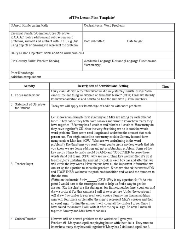 Edtpa Lesson Plan Template : Activity Description of Activities and ...