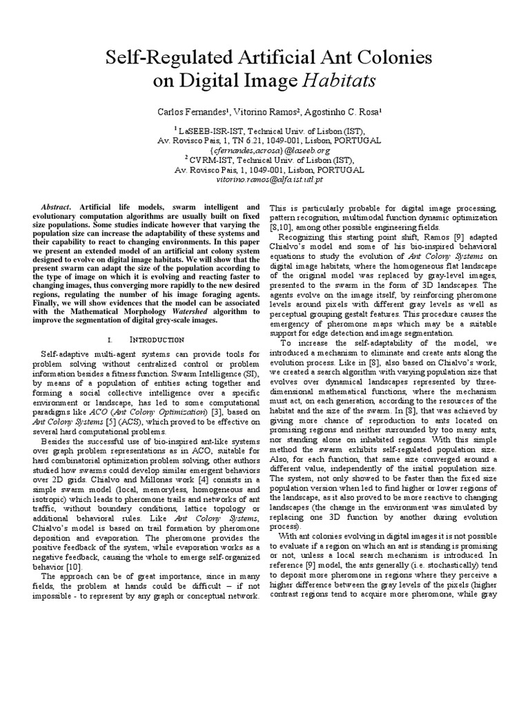 Self-Regulated Artificial Ant Colonies | PDF | Image Segmentation | Genetic Algorithm