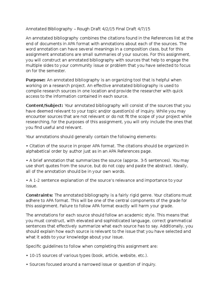 Annotated Bibliography Assignment Sheet | PDF | Bibliography | Citation