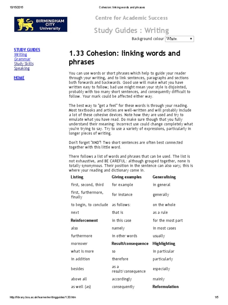 Cohesion_ linking words and phrases.pdf | Phrase | Sentence (Linguistics)