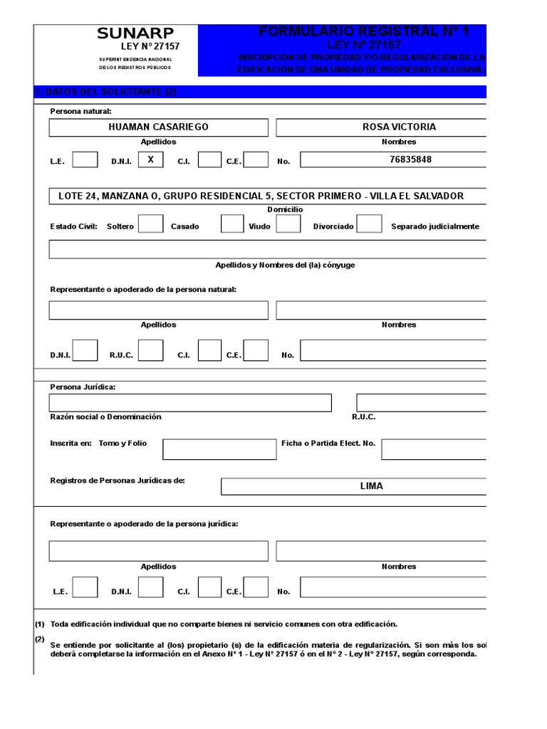 Formulario Registral N°1 Ley 27157 Propiedad Exclusiva | Propiedad | Derecho Civil (Common Law)