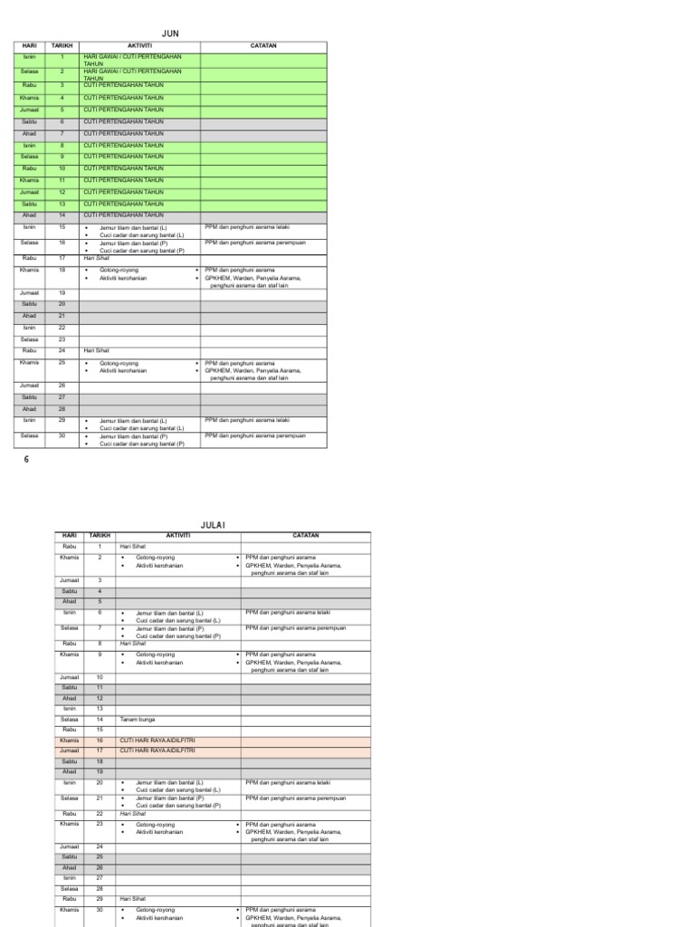 Contoh Takwim Asrama Bagi Sekolah Asrama Harian 2015 | PDF