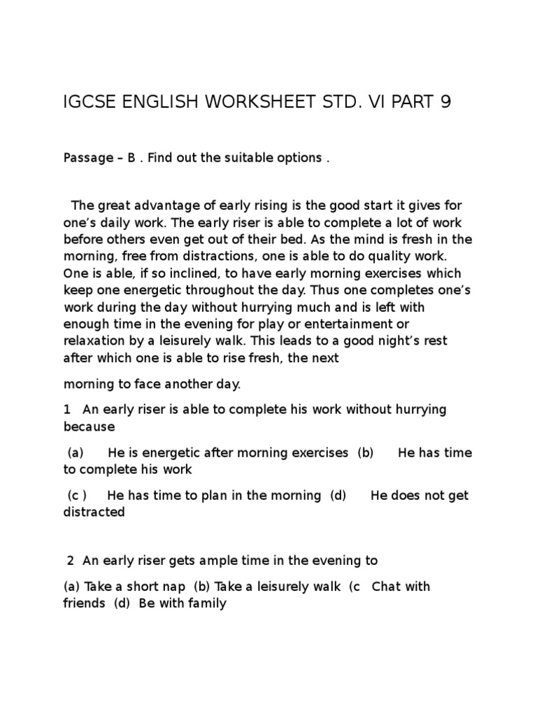 Igcse English Worksheet Std. Vi Part 9 | PDF