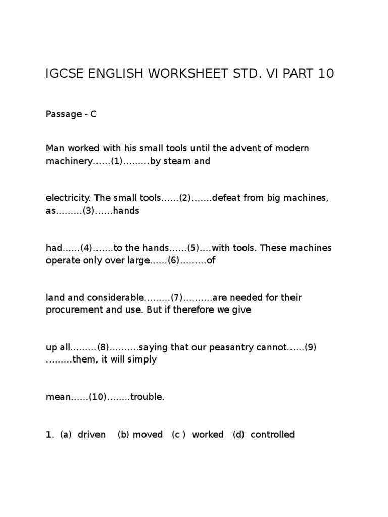 Igcse English Worksheet Std. Vi Part 10 | PDF
