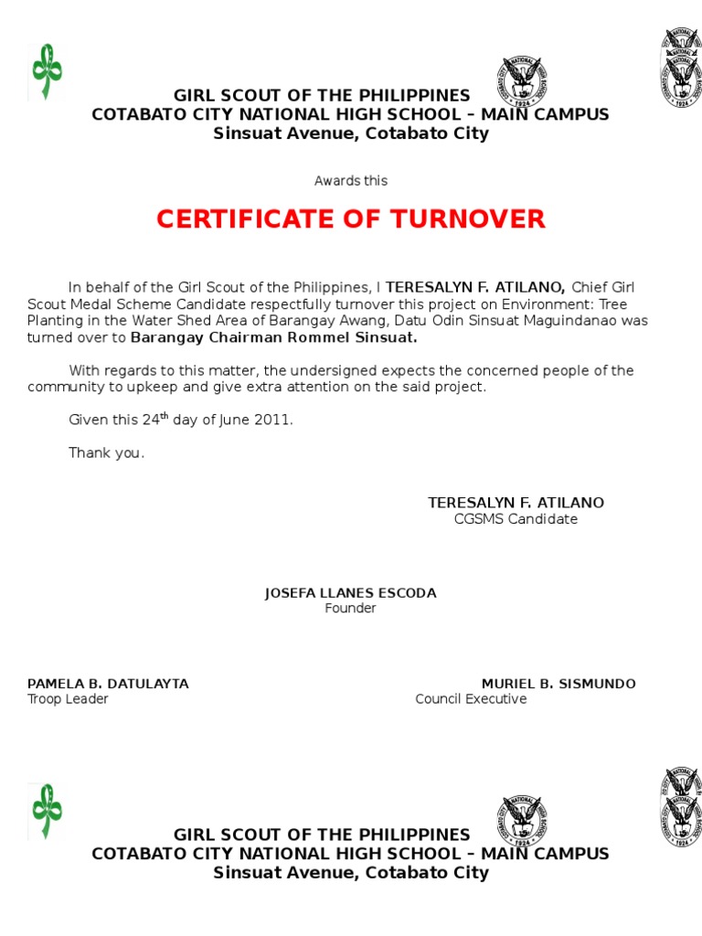 Certificate of Turn-over | Organizations Of Children | Youth Organizations
