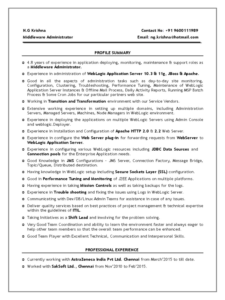 Middleware Administrator Profile Summary | PDF | Application Server ...