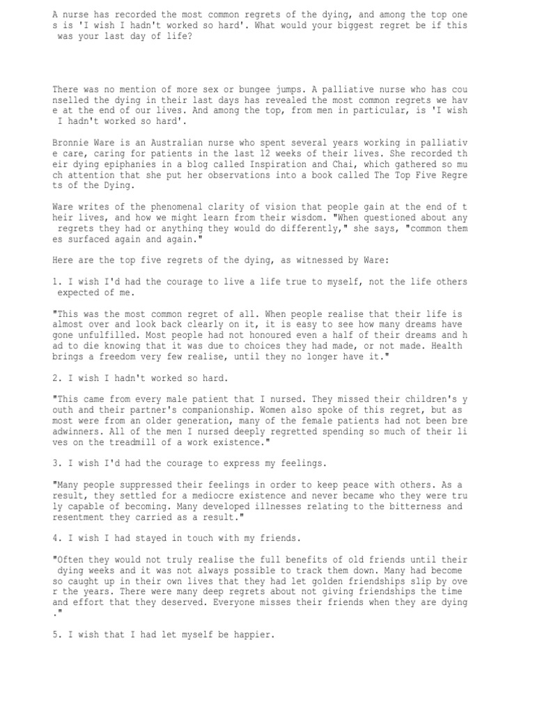 Top 5 Regrets of The Dying | PDF | Palliative Care | Wellness