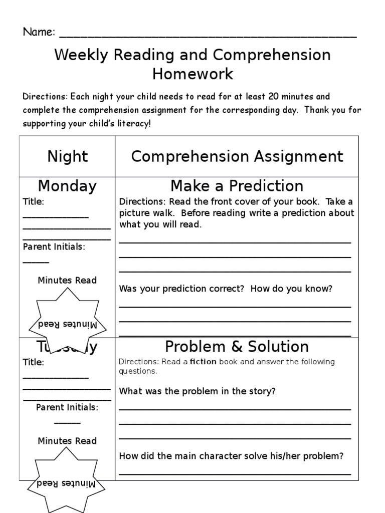 Weekly Reading Comprehension Homework | PDF