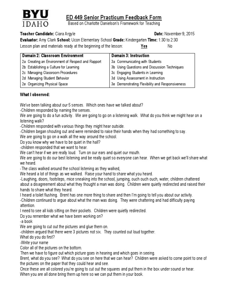 First Observation Form Senses | PDF | Lesson Plan | Teachers